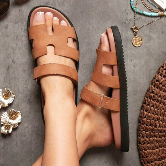 Shoes | Tan Slide Flat Sandals | Poshmark